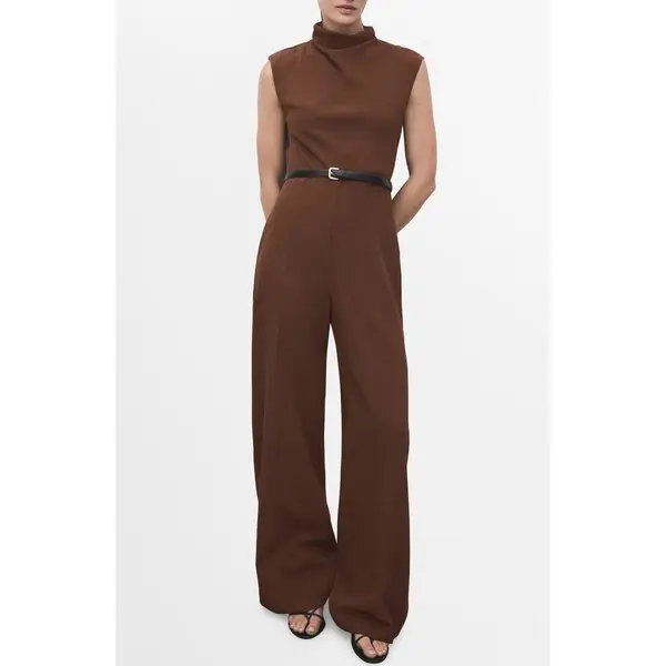 Mango Drape Neck Belted Jumpsuit - Russet