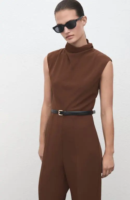 Mango Drape Neck Belted Jumpsuit - Russet