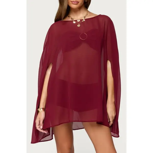 EDIKTED Sheer Chiffon Poncho - Burgundy