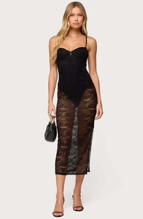 EDIKTED Sheer Lace Midi Body-con Dress