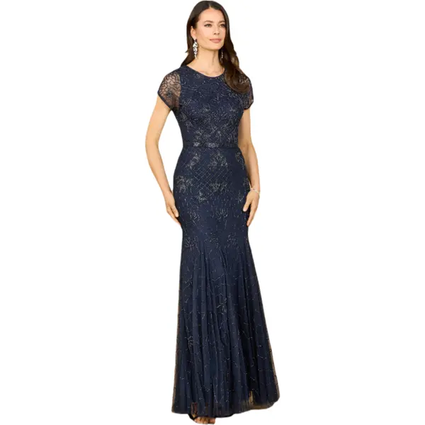 LARA NEW YORK Beaded Mermaid Cap Sleeve Gown - Navy