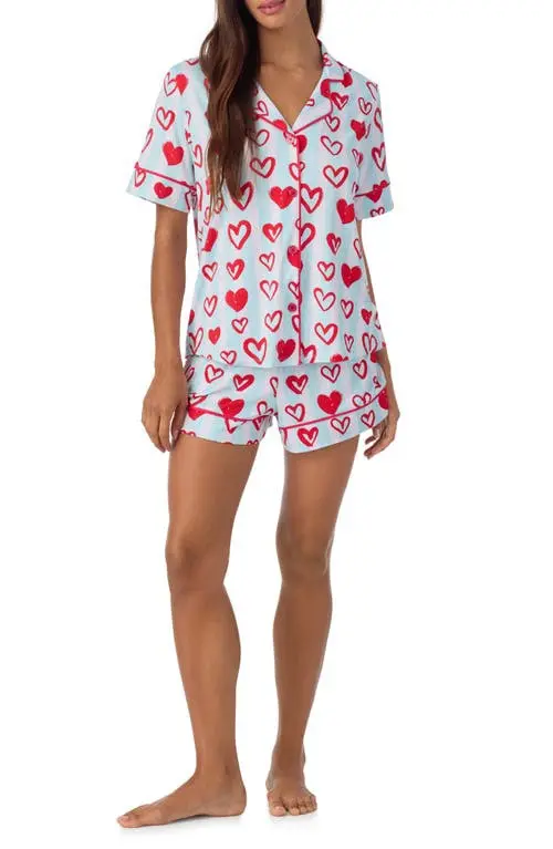 ROOM SERVICE Print Short Pajamas - Blue Stripe Hearts