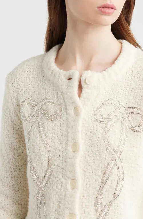 LoveShackFancy Leocadia Embellished Bow Wool Blend Cardigan - Ivory