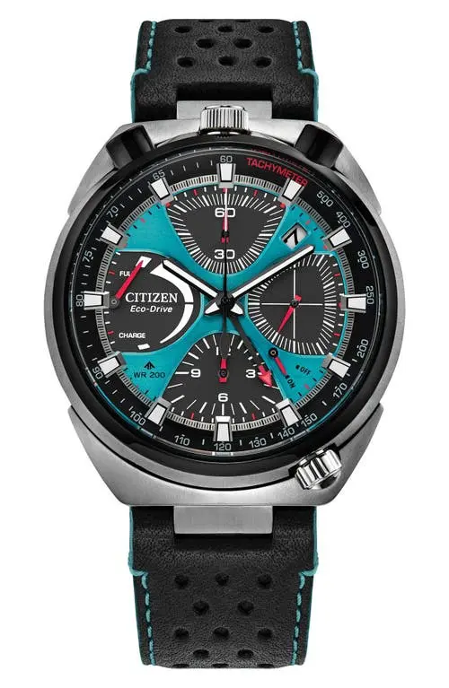 Citizen Promaster Tsuno Chronograph Racer Leather Strap Watch - Black/blue