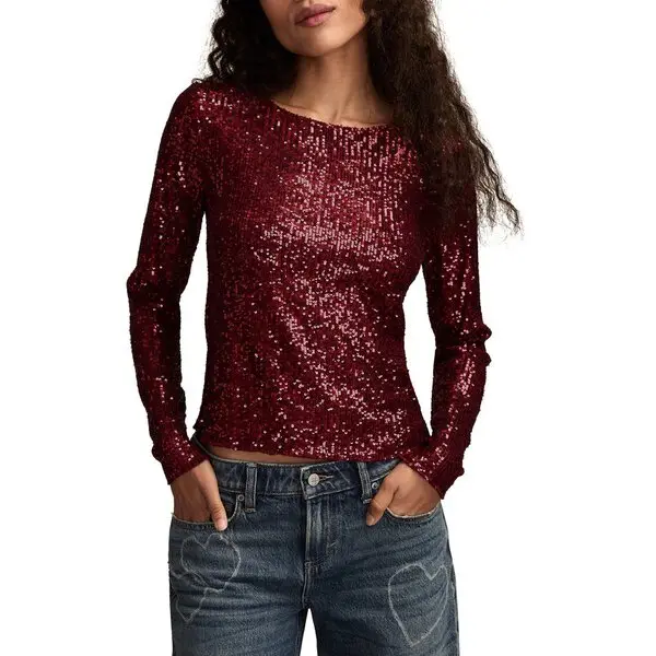 Lucky Brand Sequin Long-sleeve Top - Red Wine