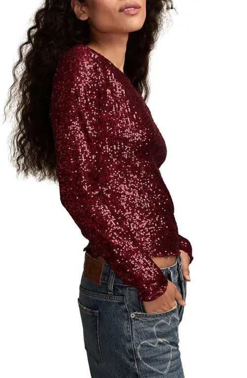 Lucky Brand Sequin Long-sleeve Top - Red Wine