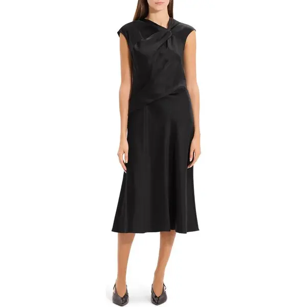 Theory Satin Midi Dress With Twist Bodice - Black