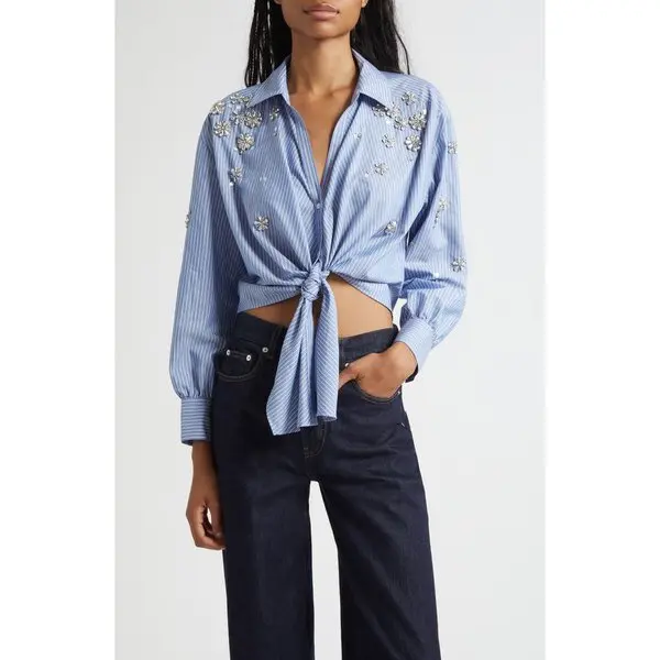 Cinq À Sept Lola Rhinestone Embellished Tie Front Shirt - Blue Multi