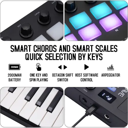 M-WAVE 25-key Bluetooth Midi Keyboard With Pads - Black