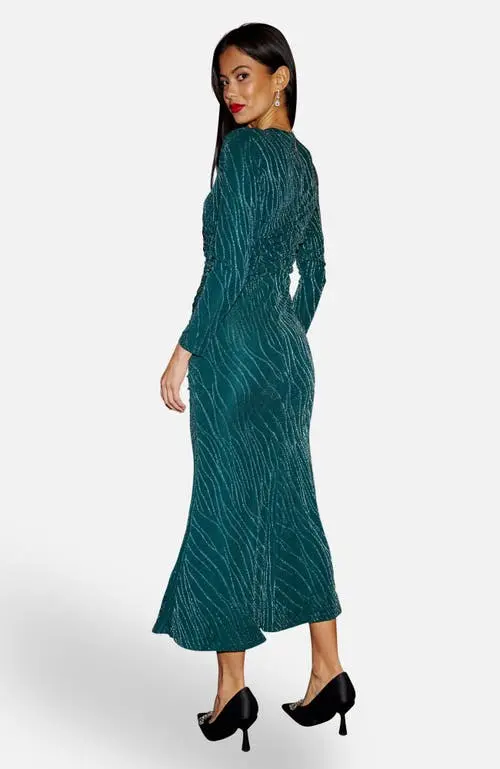 YUMI Mesh Fitted Ruched Midi Dress