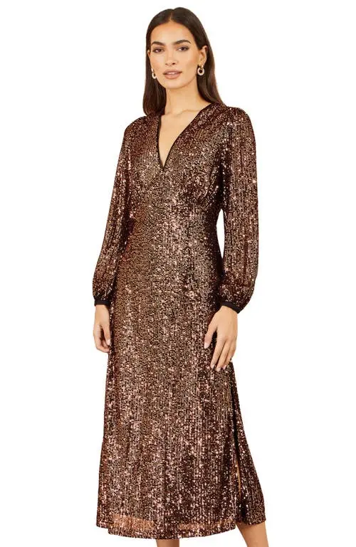 YUMI Sequin Long Sleeve Midi Dress - Copper