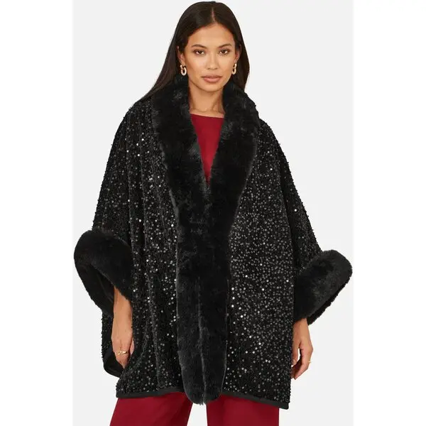 YUMI Textured Faux Fur Lined Cape - Black