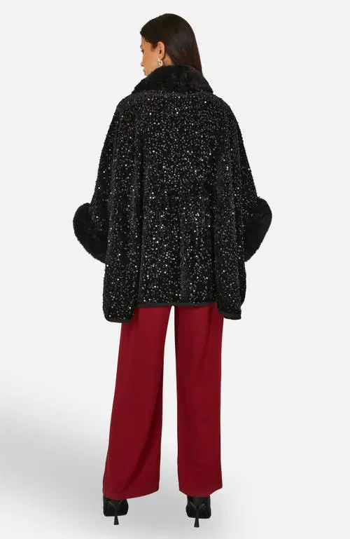 YUMI Textured Faux Fur Lined Cape - Black