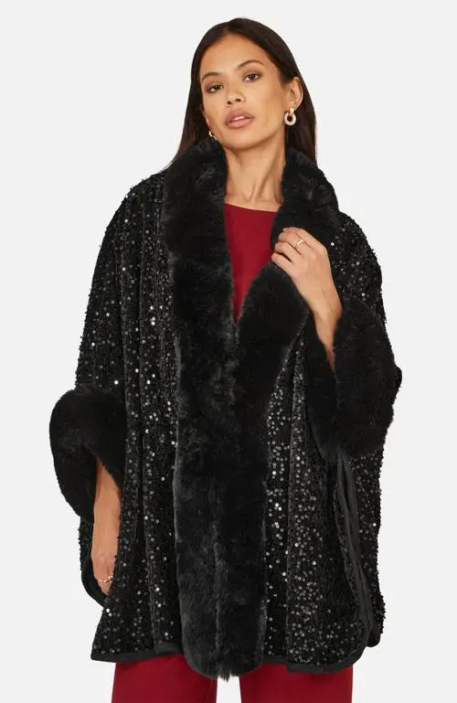 YUMI Textured Faux Fur Lined Cape - Black