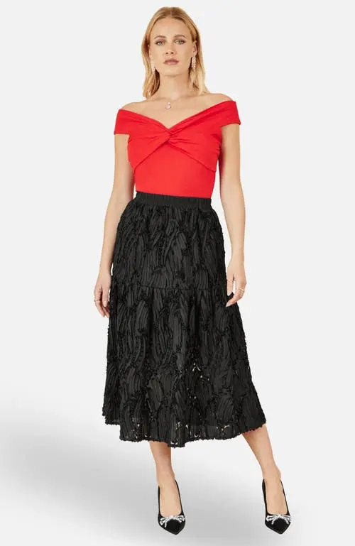 YUMI Mesh Applique Sequin Midi Skirt
