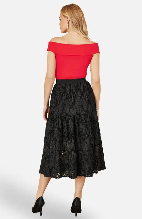 YUMI Mesh Applique Sequin Midi Skirt