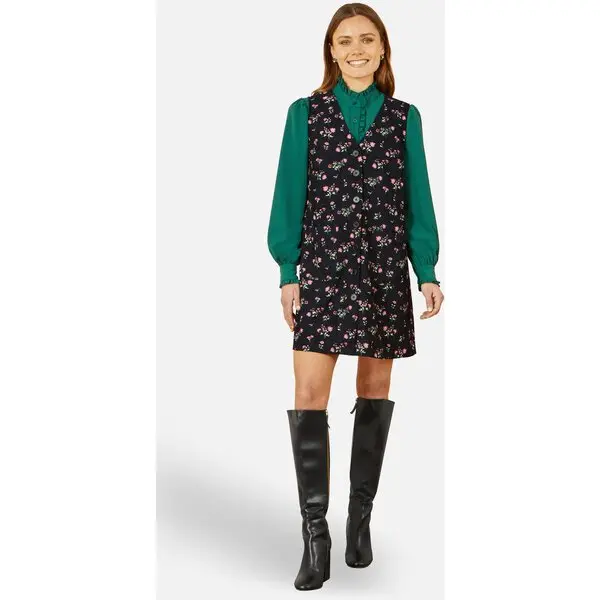 YUMI Floral Print Pinafore Dress - Black