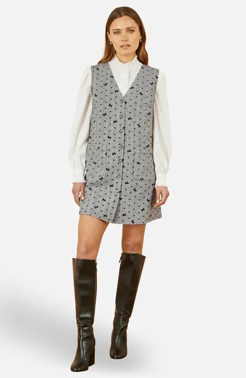 YUMI Bow Print Button Up Pinafore Dress - Grey