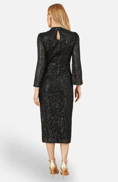 YUMI Sequin Fitted Midi Dress - Black