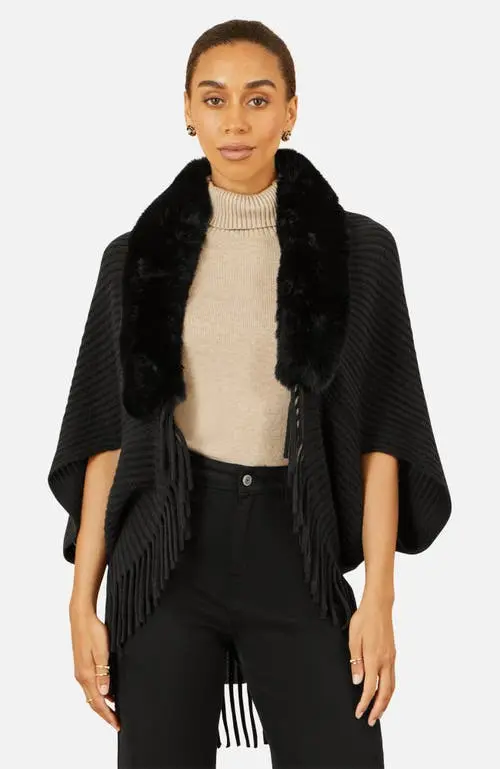 YUMI Faux Fur Collar Tassel Hem Shrug - Black