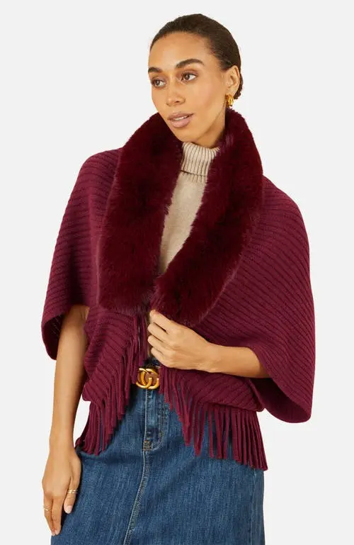 YUMI Faux Fur Collar Tassel Hem Shrug - Burgundy