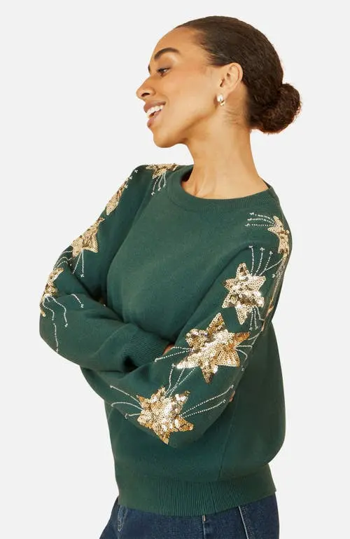 YUMI Sequin Star Sleeves Jumper - Green