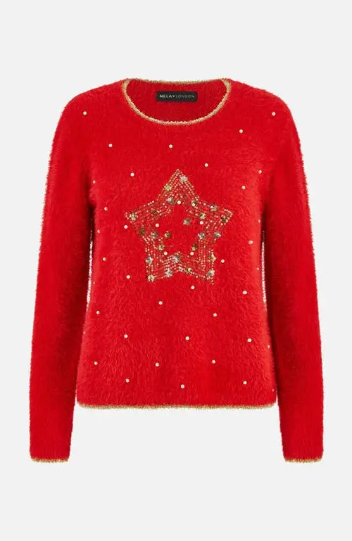 YUMI Fluffy Star Holiday Sweater - Red