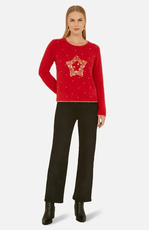 YUMI Fluffy Star Holiday Sweater - Red