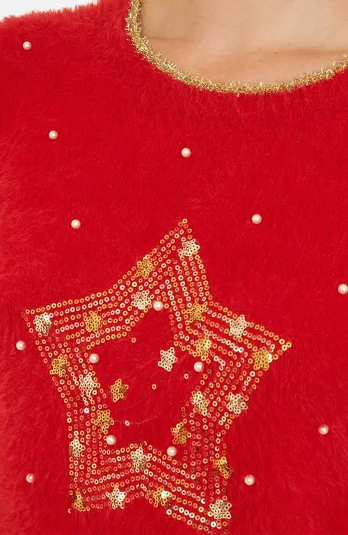 YUMI Fluffy Star Holiday Sweater - Red