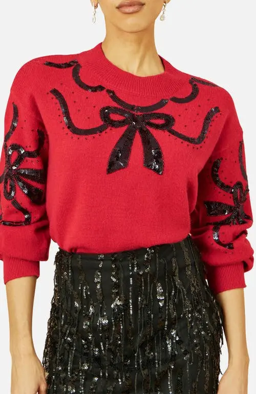 YUMI Sequinned Bow Neckline Sweater - Red