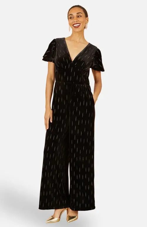 YUMI Foil Print Velvet Jumpsuit - Black