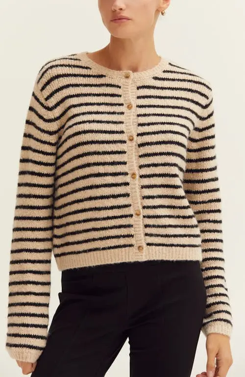 CRESCENT Crew Neck Striped Cardigan - Oatmeal/black