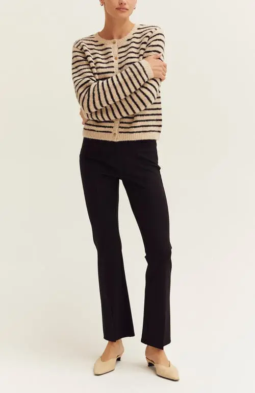 CRESCENT Crew Neck Striped Cardigan - Oatmeal/black