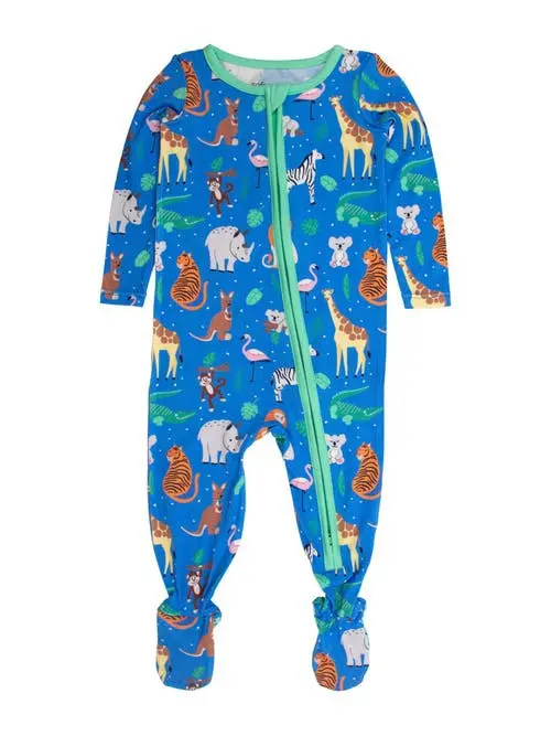 RUFFLEBUTTS Softsnooze Gender Inclusive One Piece Footie Pajamas - Zoo Crew