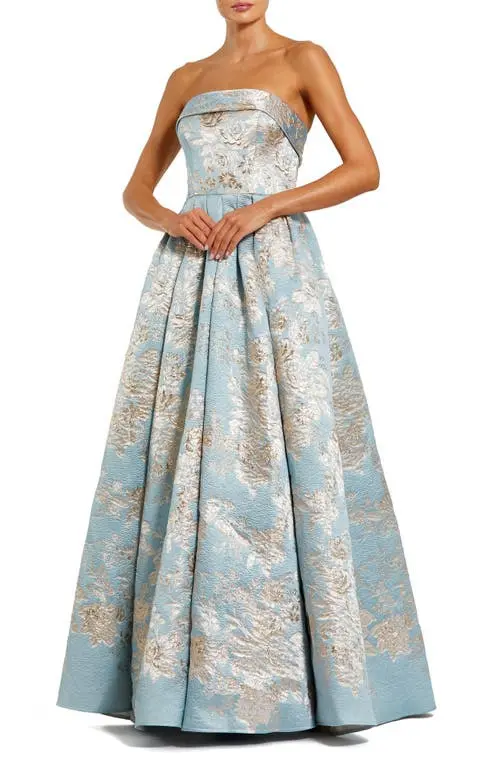 Mac Duggal Floral Brocade Strapless A-line Ballgown - Blue Multi