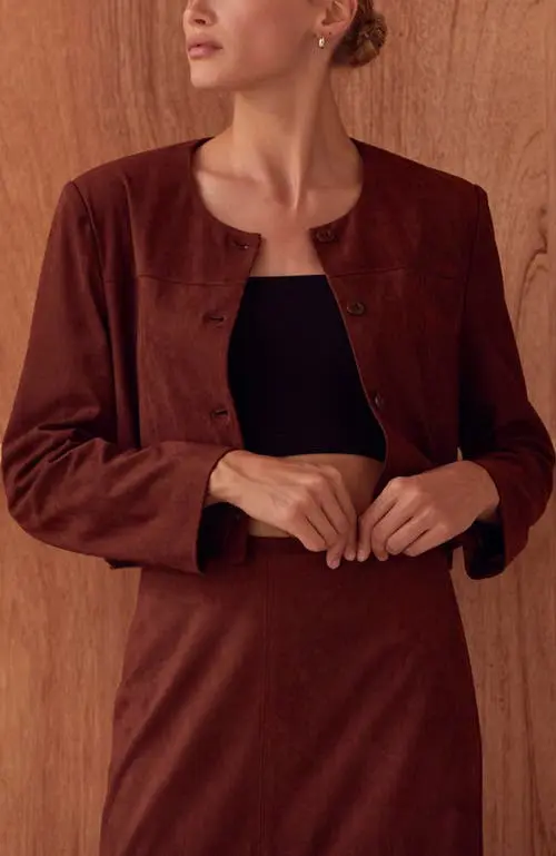 CRESCENT Faux Suede Cropped Jacket - Brown