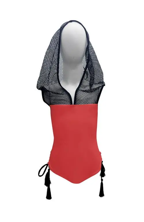 NESSI BYRD Sport Mesh Hooded One-piece Swimsuit - Red