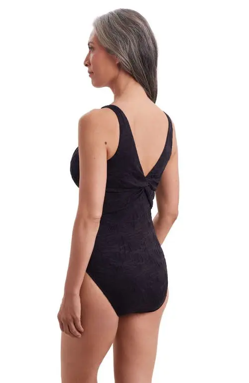SHAPESOLVER Twist Back One-piece Swimsuit - Black Pressed Flowers