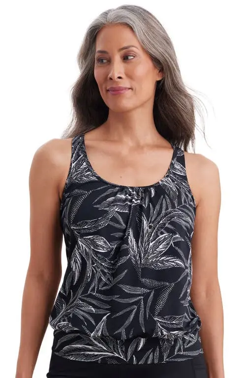 SHAPESOLVER Shirred Neck Blouson Mastectomy Tankini Swimsuit Top - Leaf Encounter
