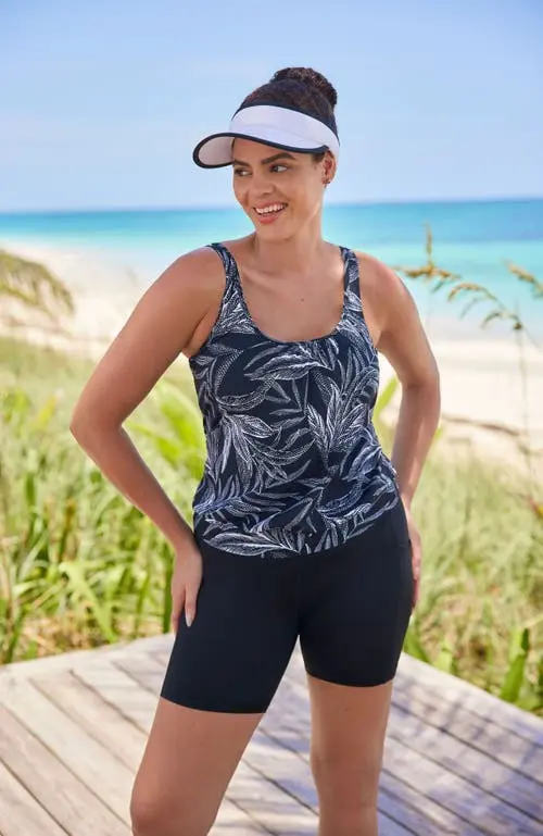 SHAPESOLVER Shirred Neck Blouson Mastectomy Tankini Swimsuit Top