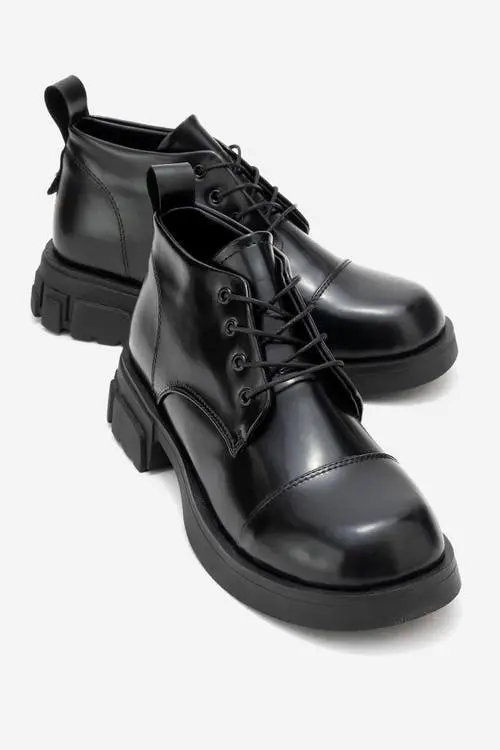 PROLOGUE SHOES Lagom Patent Boots - Black Matt Faux Leather