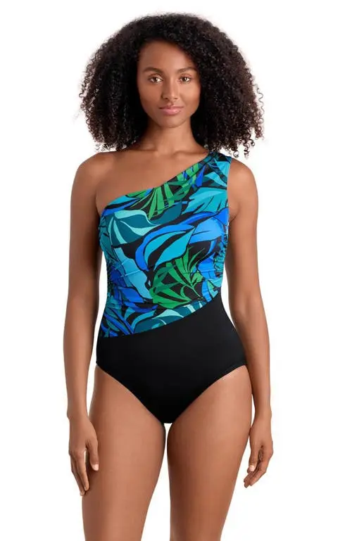 SHAPESOLVER One-shoulder One-piece Swimsuit - Leaf Sensation