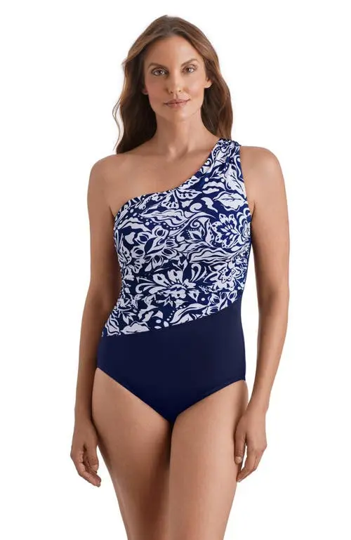 SHAPESOLVER One-shoulder One-piece Swimsuit - Romantic Lotus