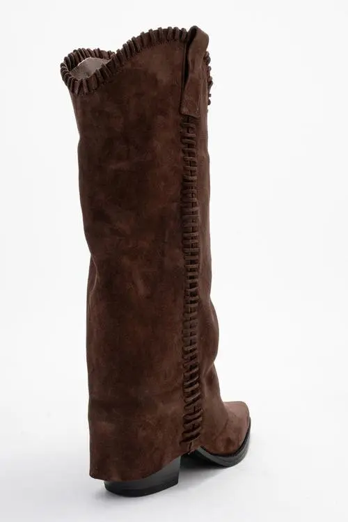 FOREVER & ALWAYS SHOES Clementina Leather Western Boot - Brown Suede Leather