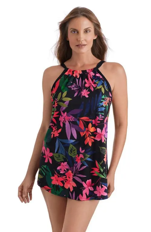 SHAPESOLVER Halter Neck Swim Dress - Pretty Garden