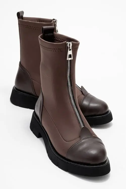 PROLOGUE SHOES Martos Zip Up Ankle Boot - Brown Faux Leather