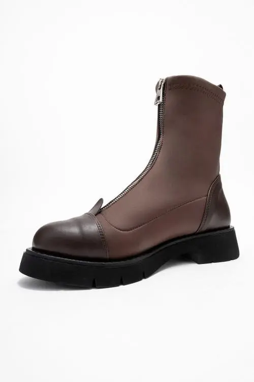 PROLOGUE SHOES Martos Zip Up Ankle Boot - Brown Faux Leather