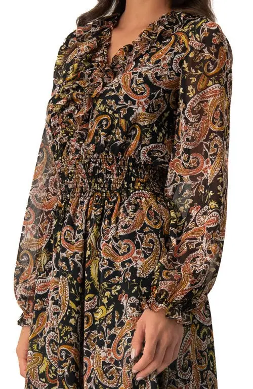IVONNE Printed Long Dress With Smock Detail