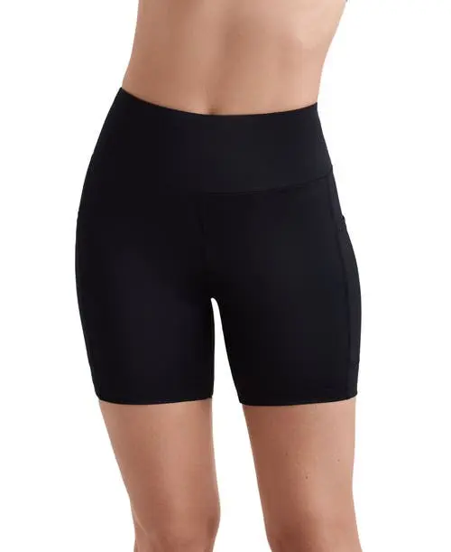 SHAPESOLVER Yoga Waist Midi Swim Short - Black