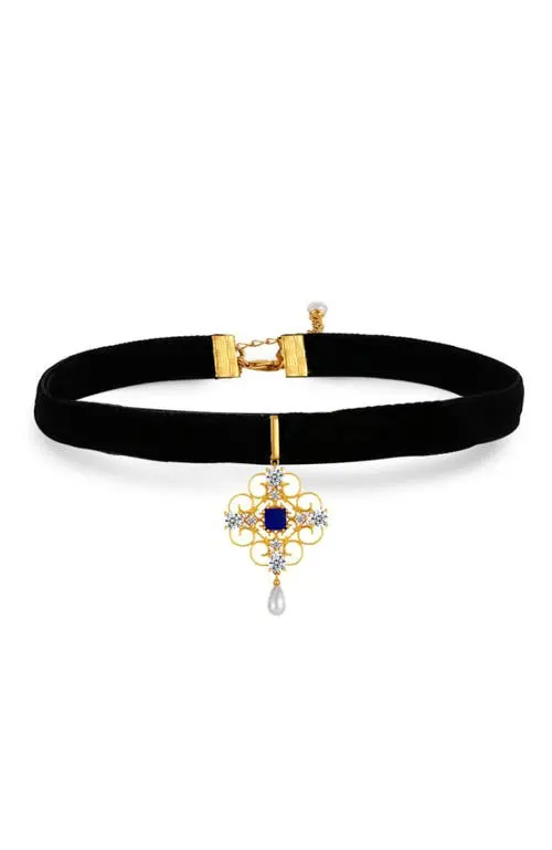 RETRO CHIC Orchid Dream Choker - Blue & Gold & Black